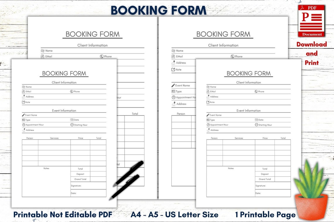 Printable Booking Form, Printable Service Form, Printable Client Form ...
