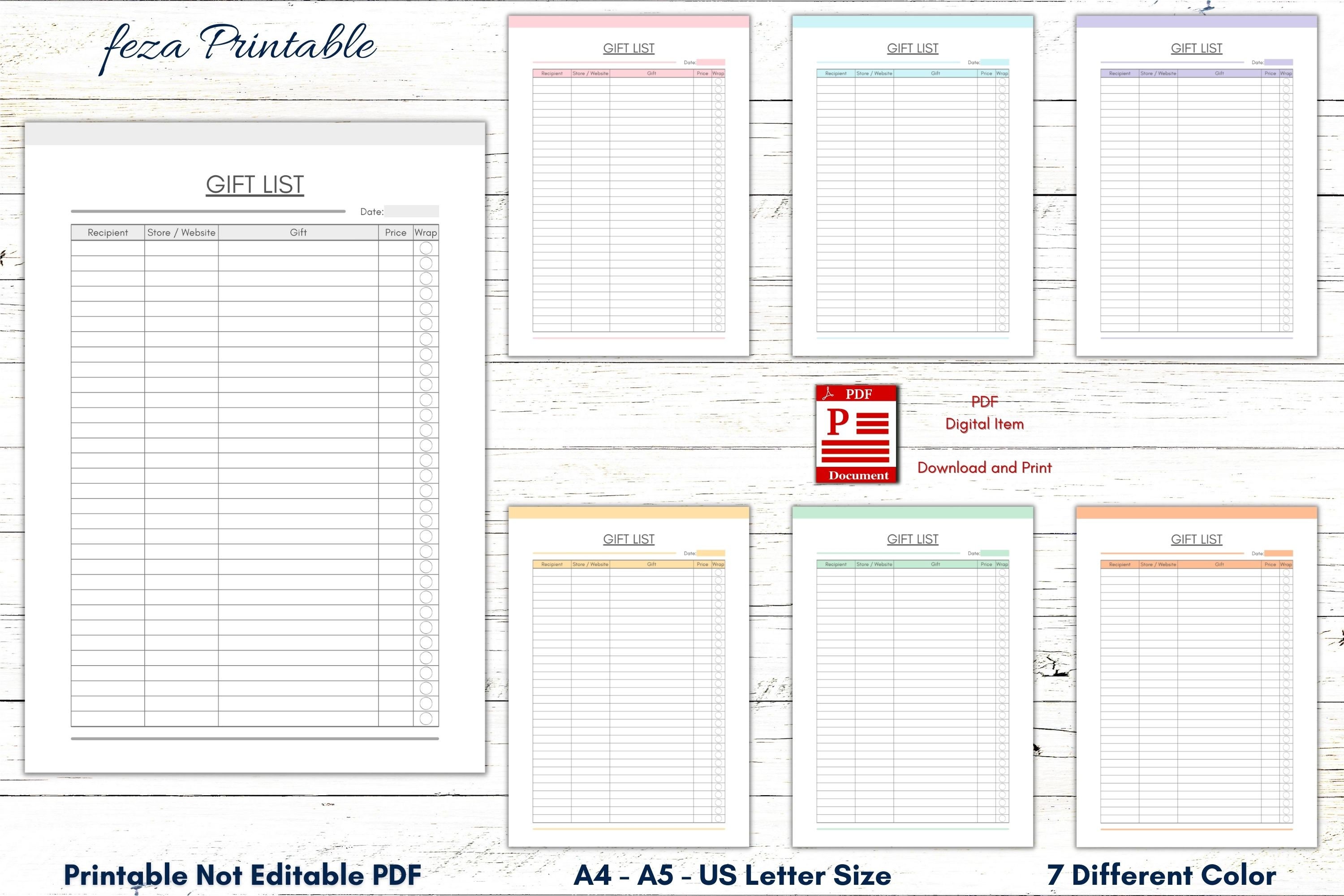 Printable Gift List, Gift List Template, Gift List Sheet, Gift List ...