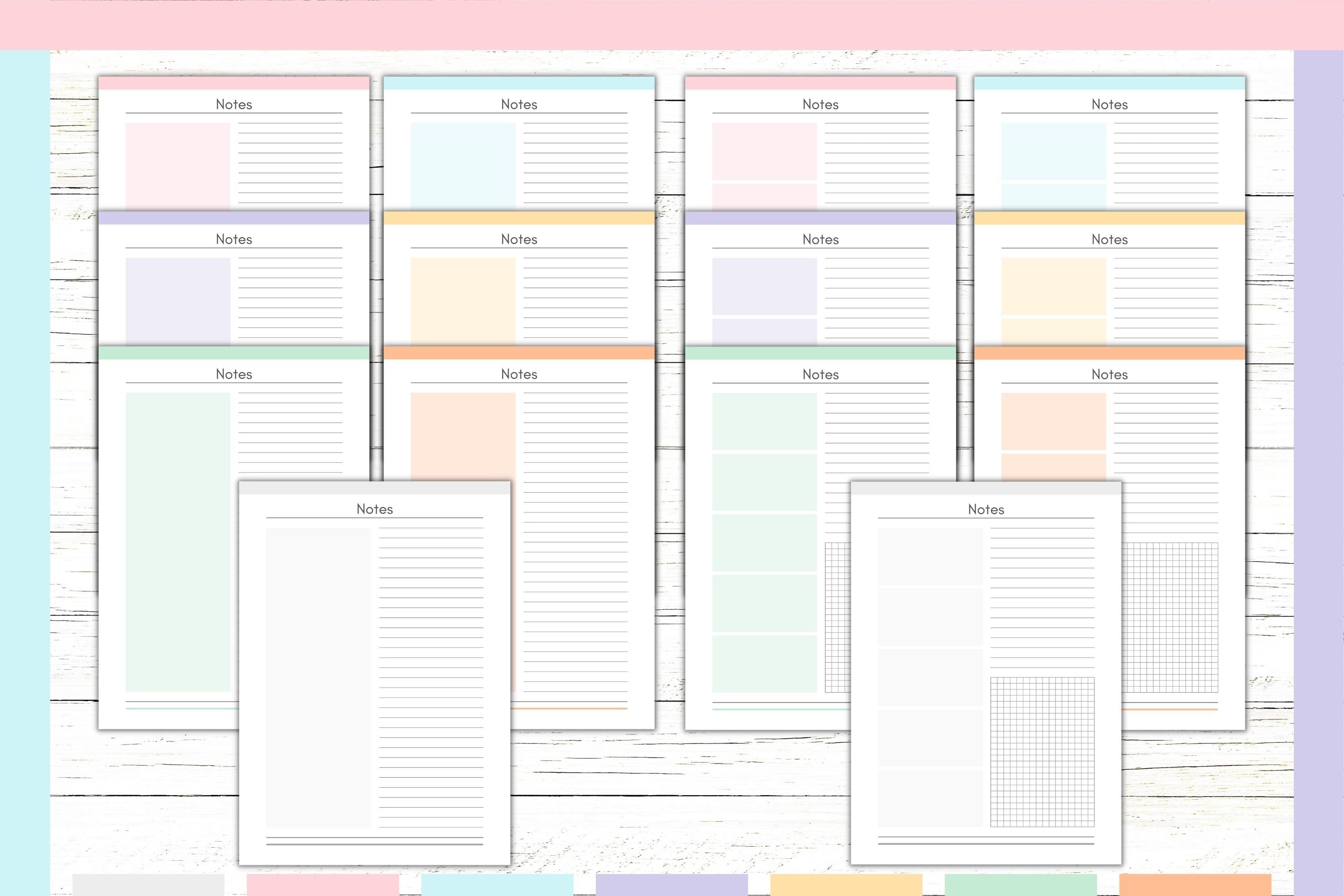 Notes Pages Planner Template Printable, Note Page Sheets, Colored Notes ...