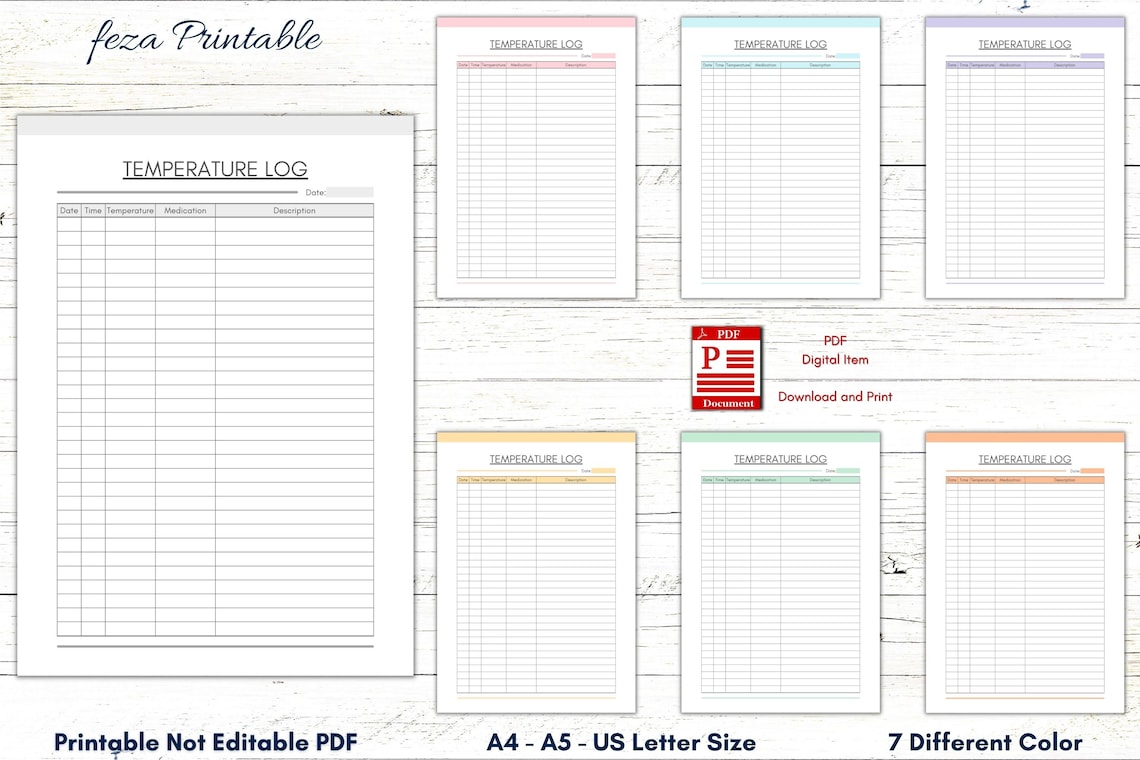 Printable Temperature Log, Temperature Tracker, Health Planner, Patient ...