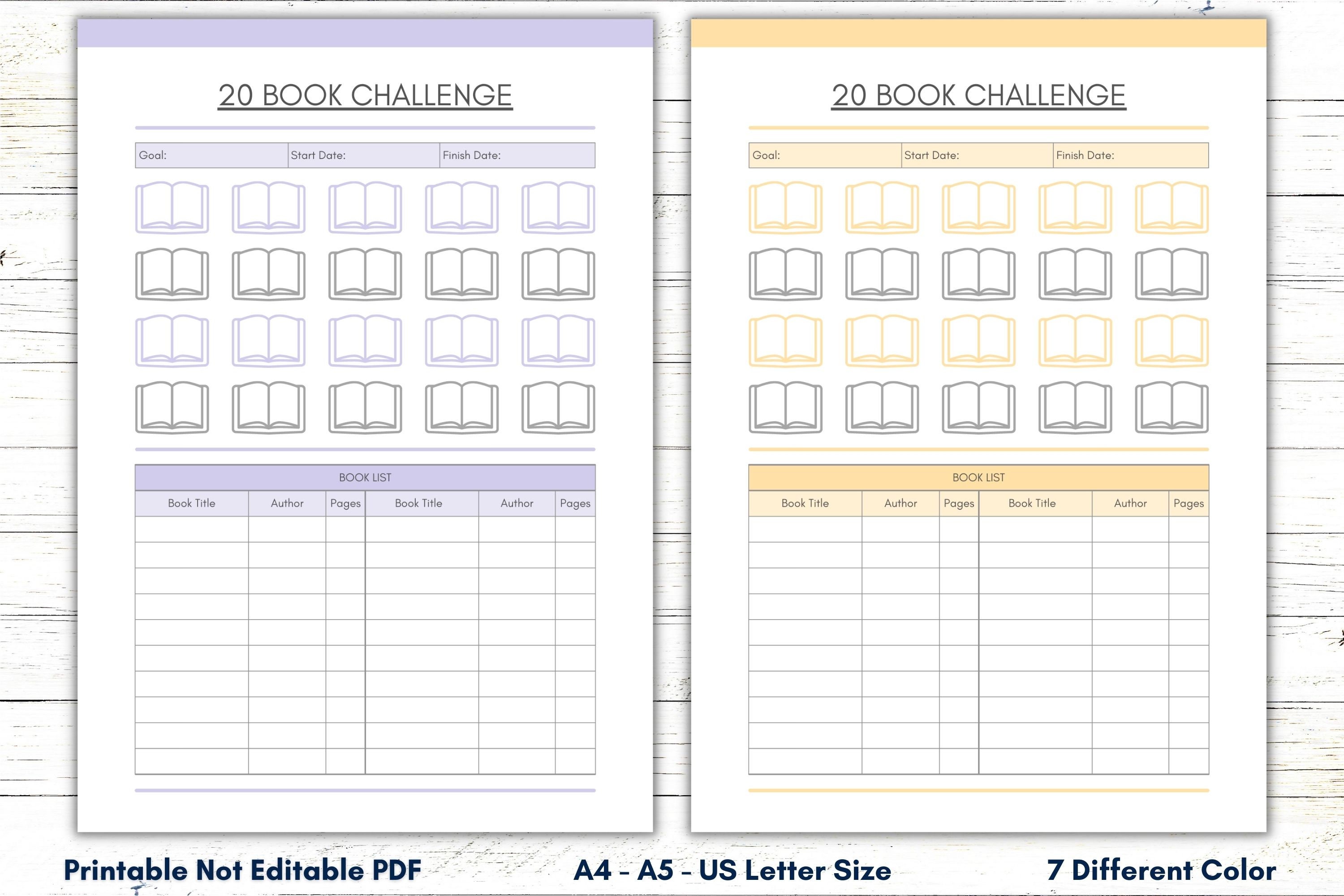 20 Book Challenge Tracker Template, Reading Challenge, Book Counter ...