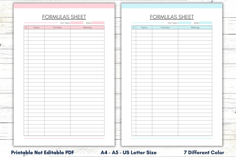 Printable Formulas Sheet Template, Formula Notes Pages, Formulas ...