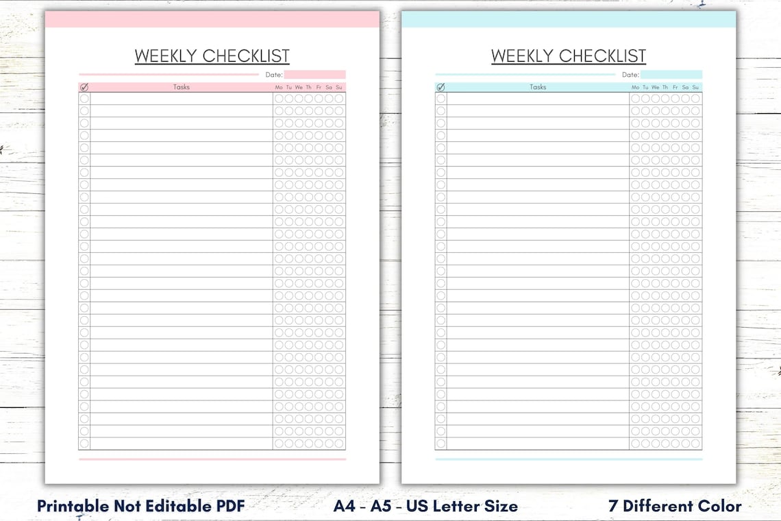 Printable Weekly Checklist, Weekly Tasks List, Weekly Organizer, PDF ...