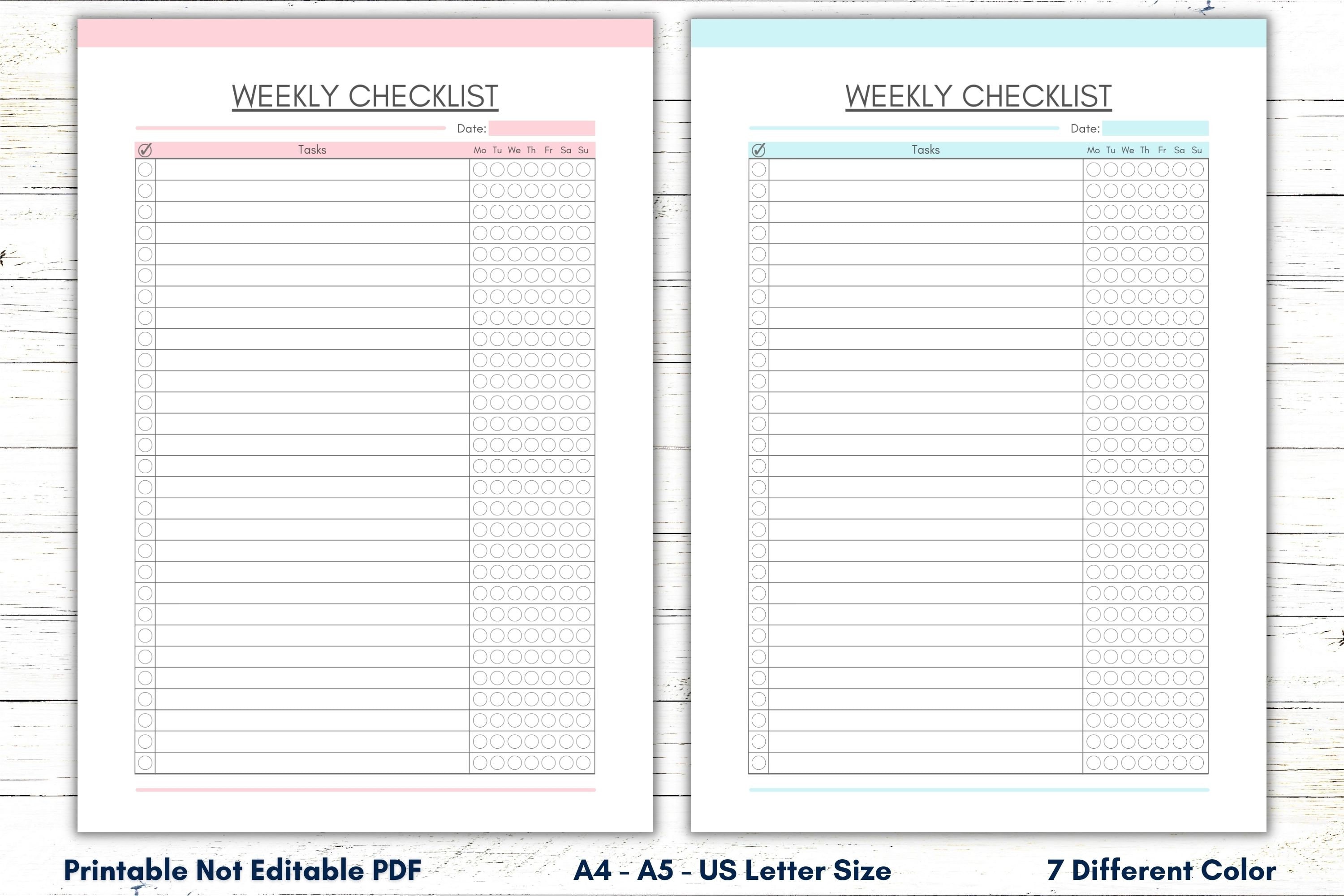 Printable Weekly Checklist, Weekly Tasks List, Weekly Organizer, PDF ...