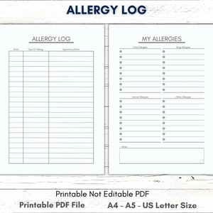 Printable Allergy Log Printable Allergy Tracker Allergic | Etsy