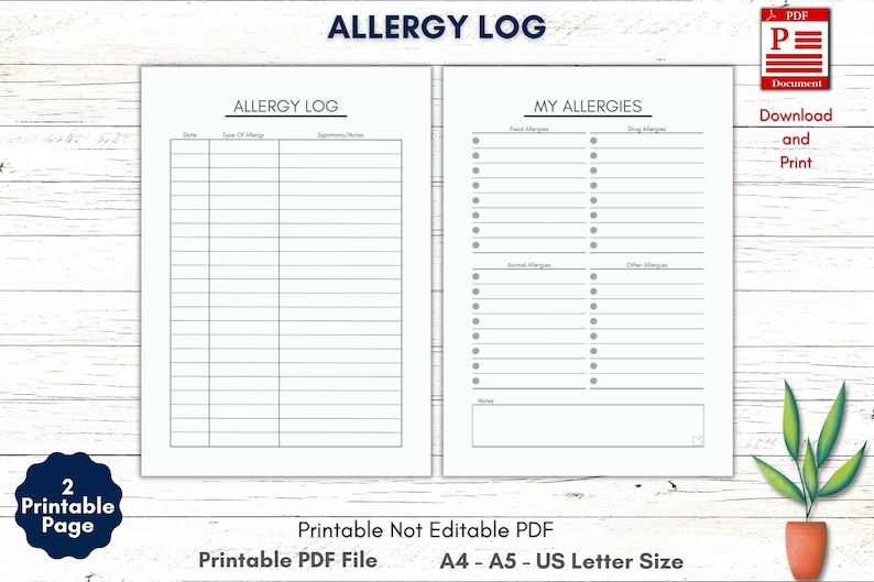 Printable Allergy Log Printable Allergy Tracker Allergic | Etsy