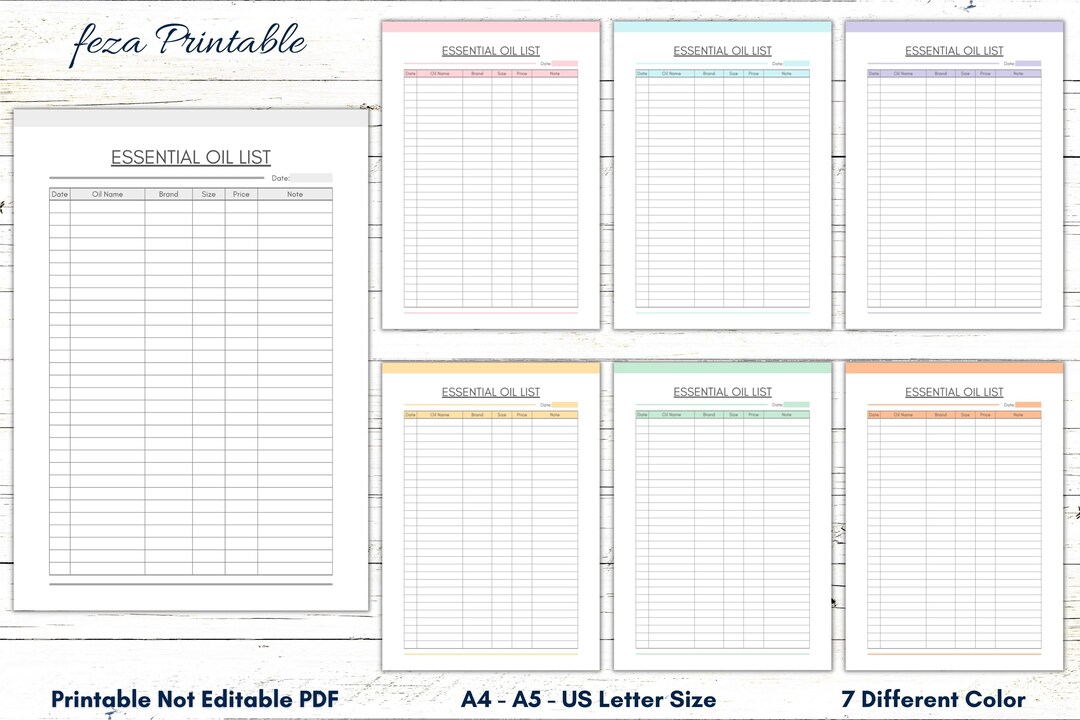 Essential Oil List Template, Printable Chart (PDF) - Etsy