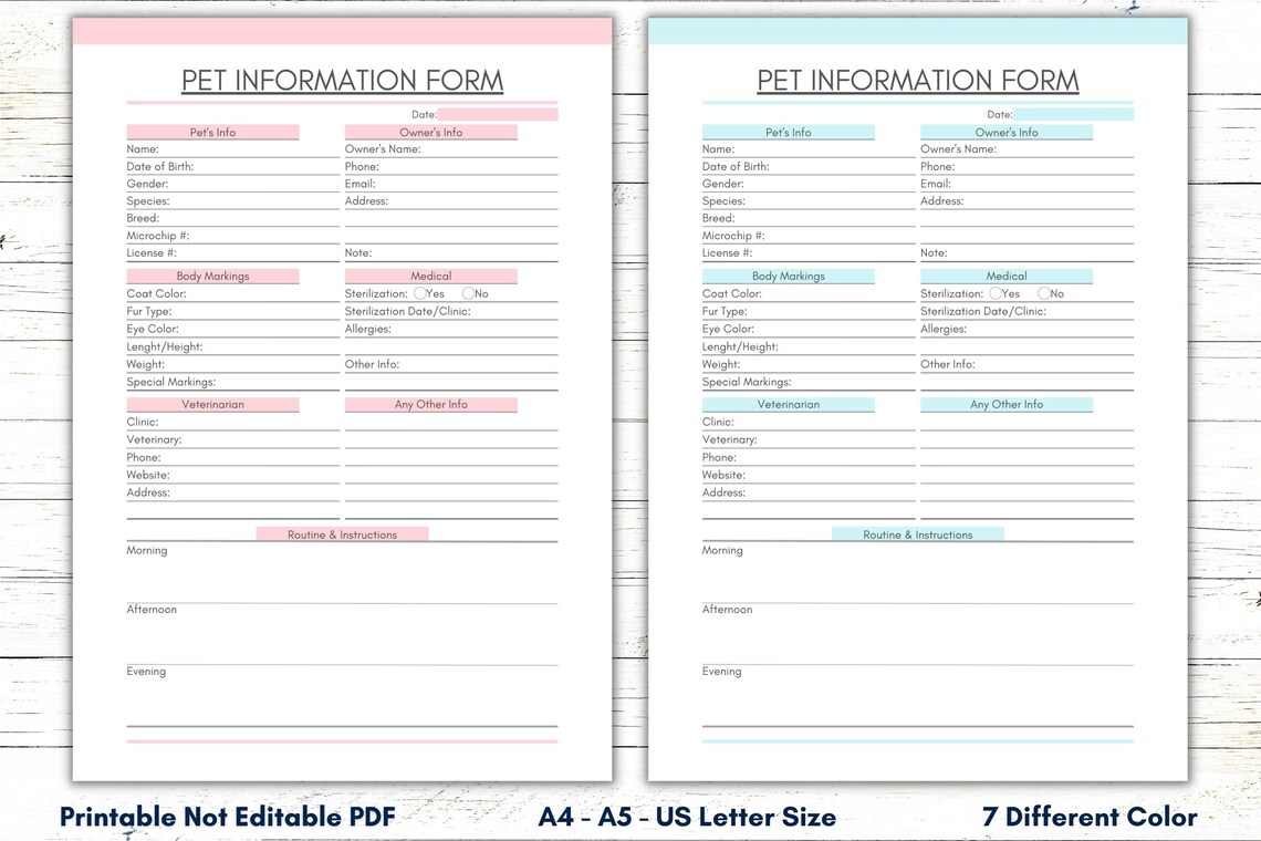 Printable Pet Information Form, PDF Pet Veterinary Visit Tracker, PDF ...