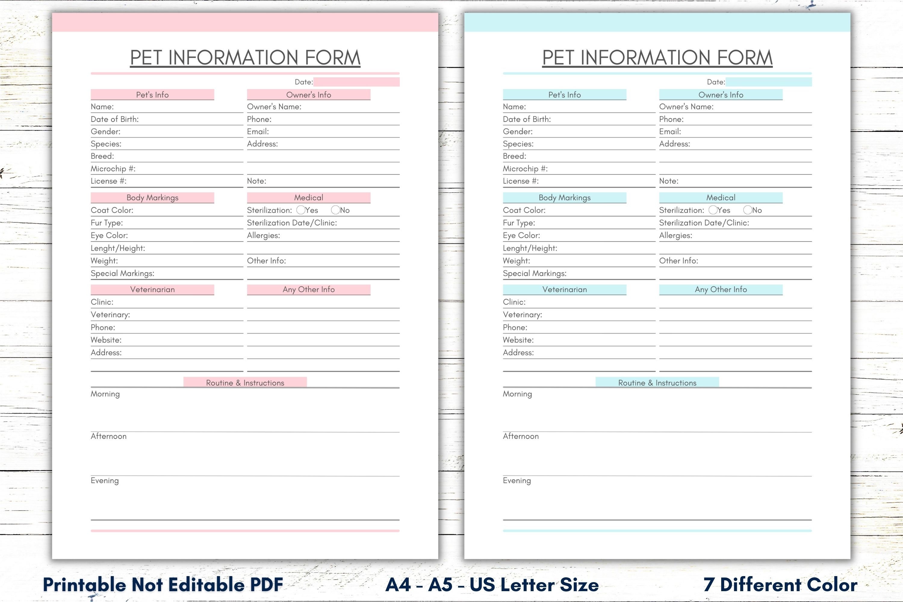 Printable Pet Information Form, PDF Pet Veterinary Visit Tracker, PDF ...
