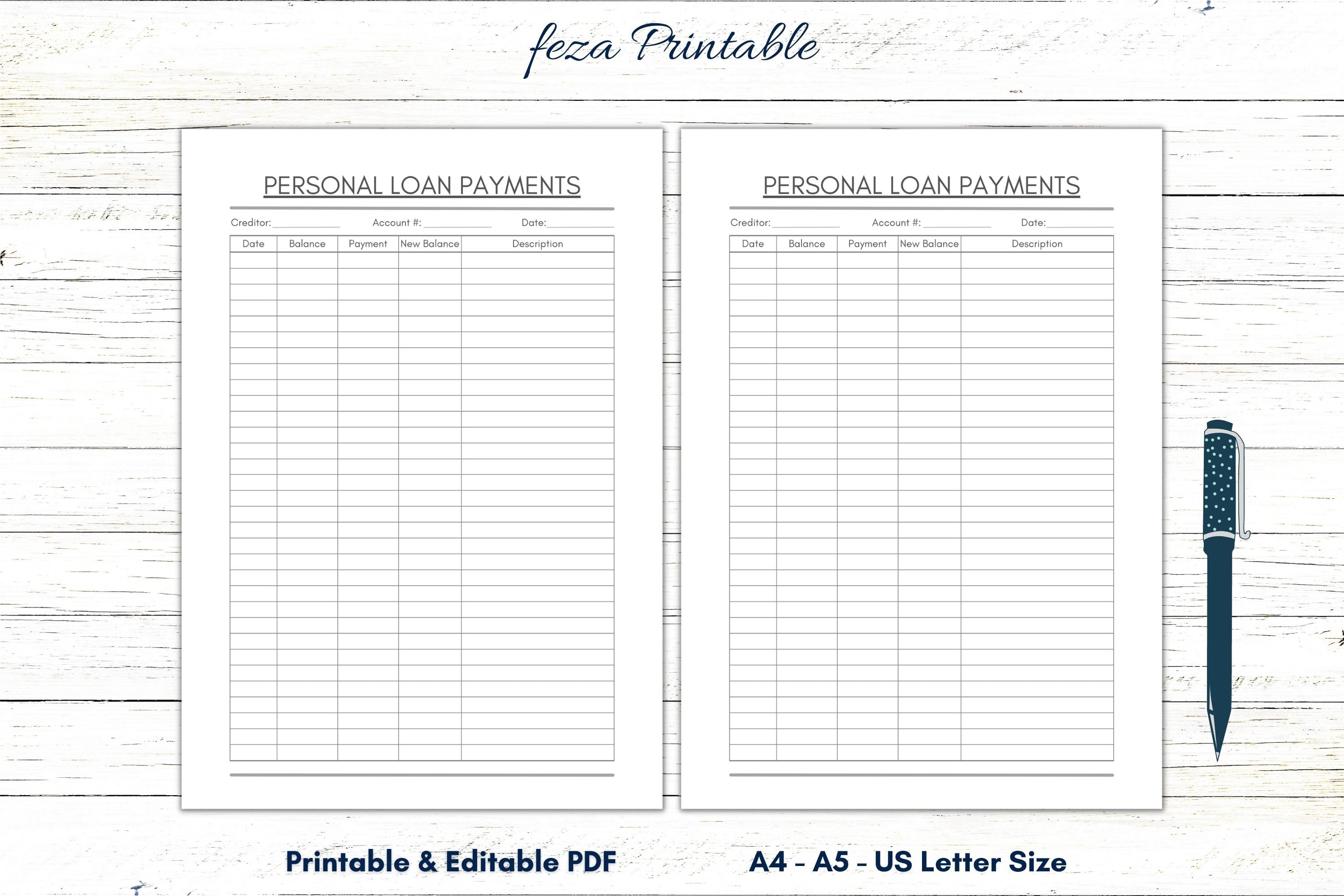 Personal Loan Payment Tracker Printable Template, Editable Loan ...