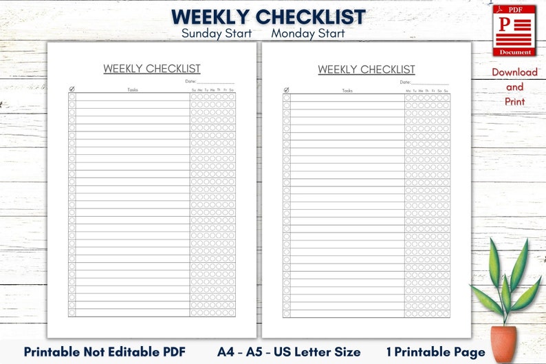 Printable Weekly Checklist Weekly Tasks List Weekly | Etsy