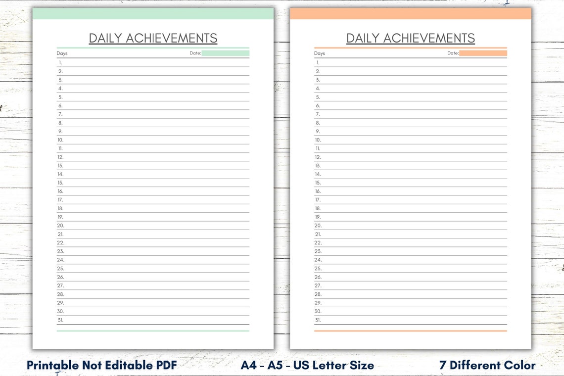 Printable Daily Achievements Tracker Achievements Overview - Etsy