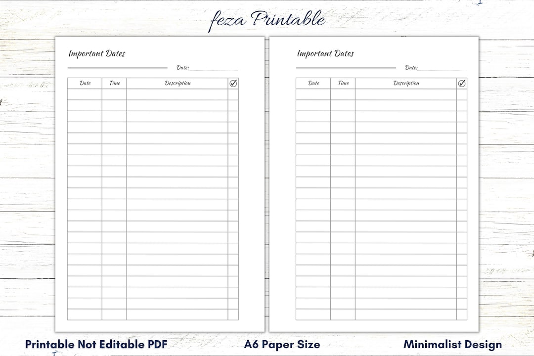 A6 Important Dates Printable, Important Dates Tracker, Important Dates ...