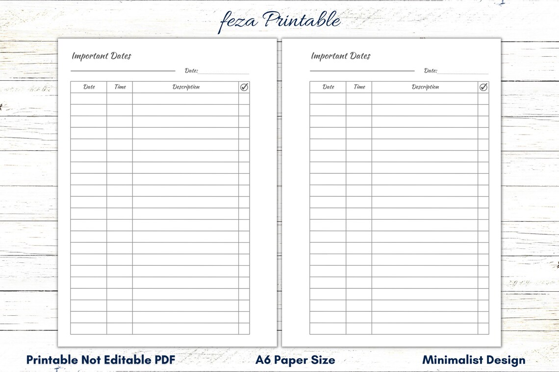 A6 Important Dates Printable, Important Dates Tracker, Important Dates ...