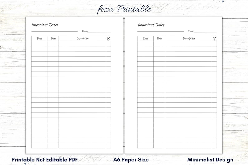 A6 Important Dates Printable, Important Dates Tracker, Important Dates ...