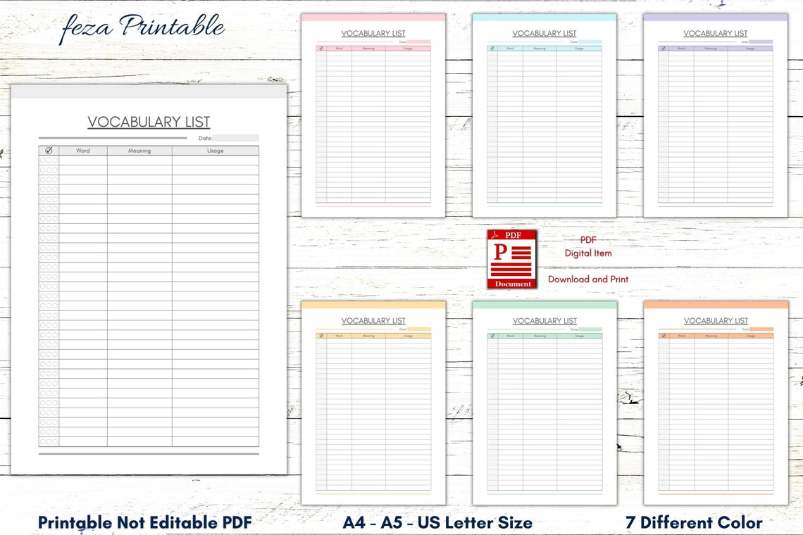 Printable Vocabulary List, Language Learning Planner (PDF) - Etsy