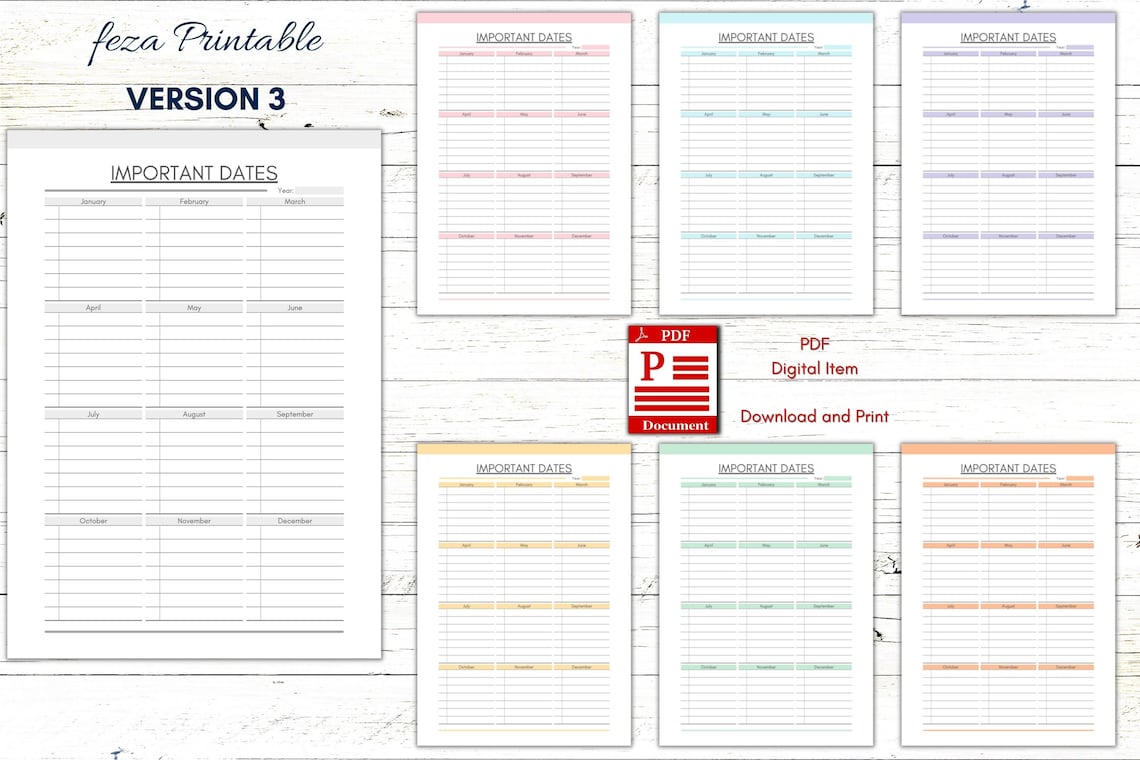 Printable Important Dates Sheet, PDF Important Dates Tracker, PDF Dates ...