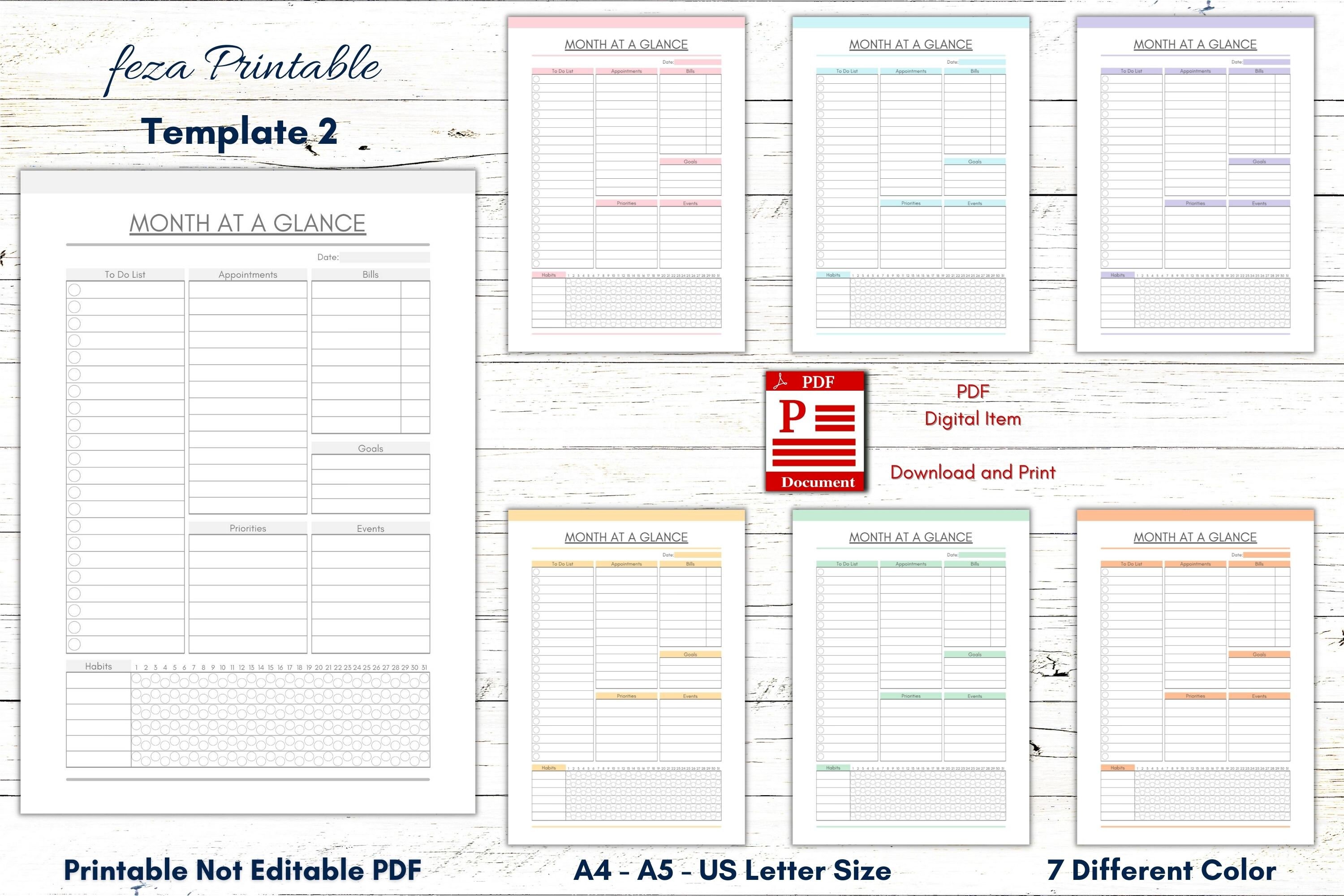 Printable One Line A Day and Month at A Glance Template, PDF Monthly ...