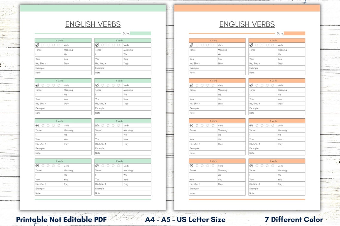 Printable English Verbs Practice Sheet, English Study Planner Template ...