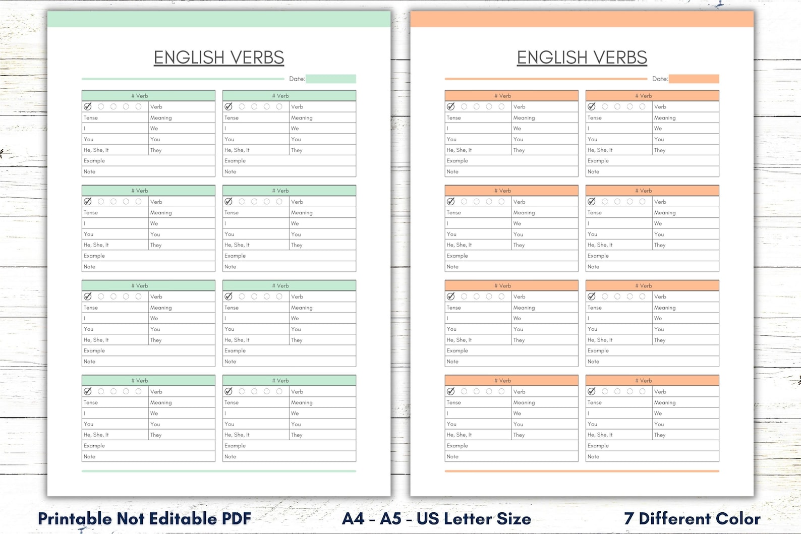 Printable English Verbs Practice Sheet, English Study Planner Template ...