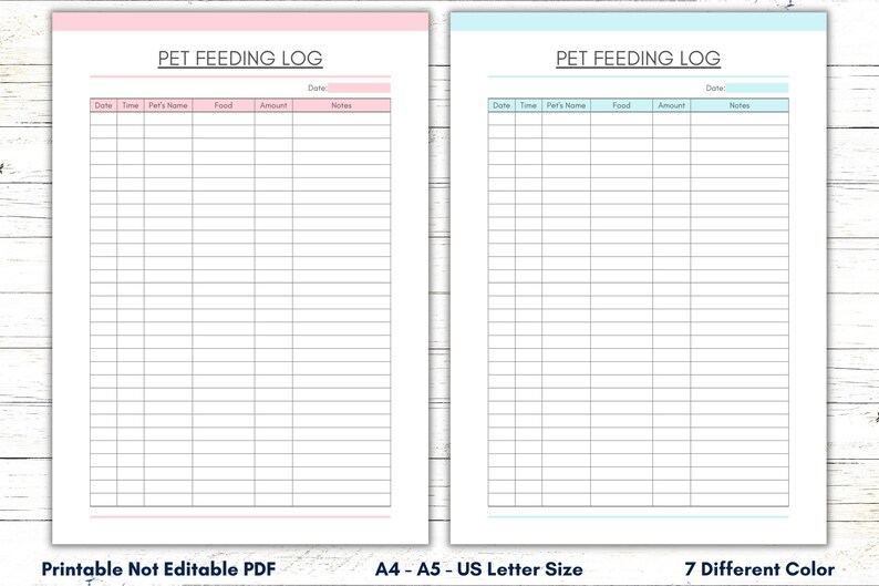 Printable Pet Feeding Log, Pet Growth Log, Printable Pet Planner, Pet ...