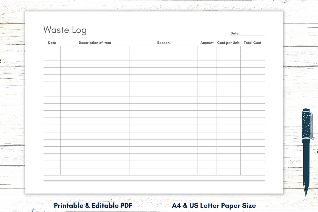 Waste Log Printable Waste Tracker Template Restaurant Planner Food Waste Log Printable Waste Tracker Template Restaurant Planner Food