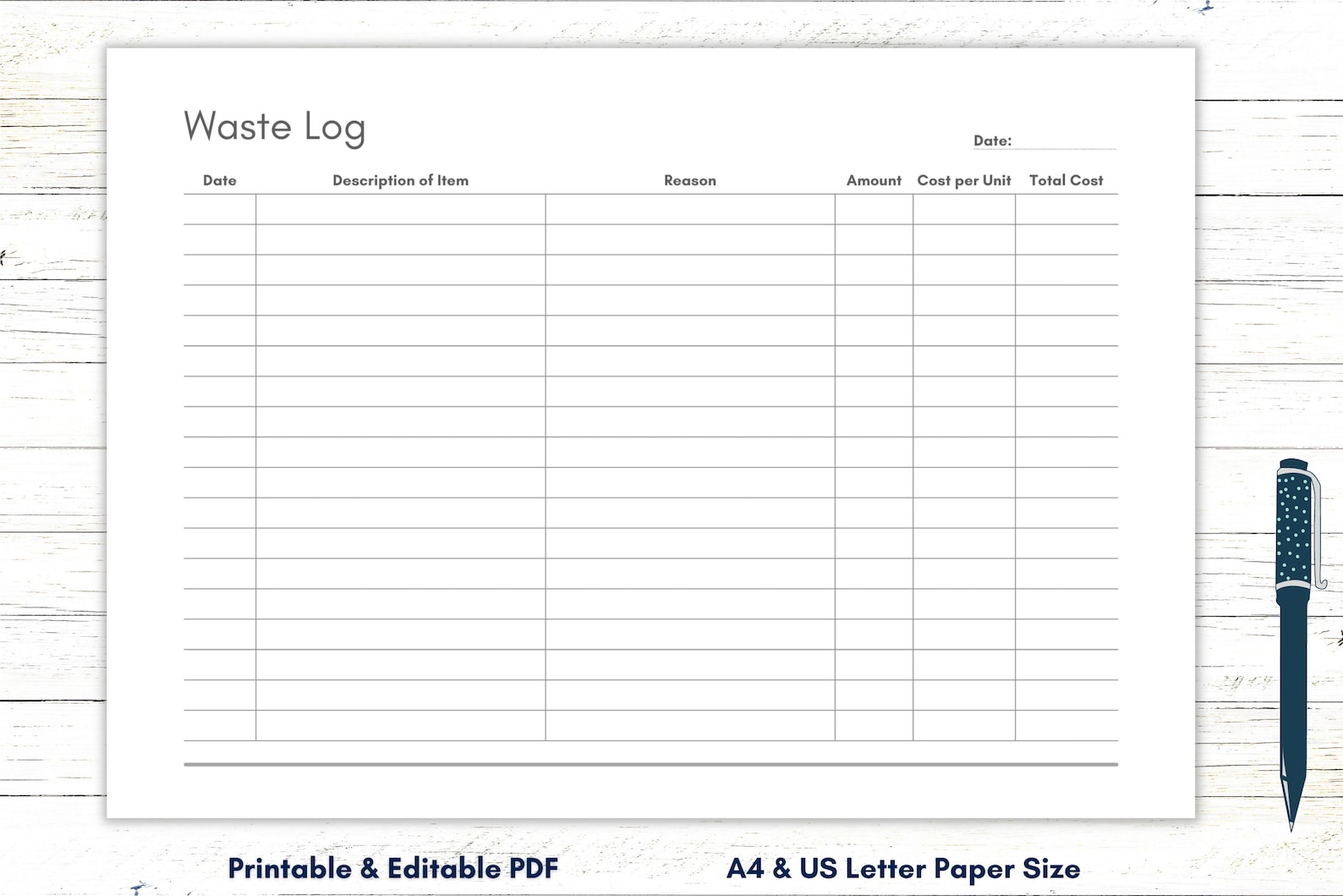 Waste Log Printable, Waste Tracker Template, Restaurant Planner, Food ...