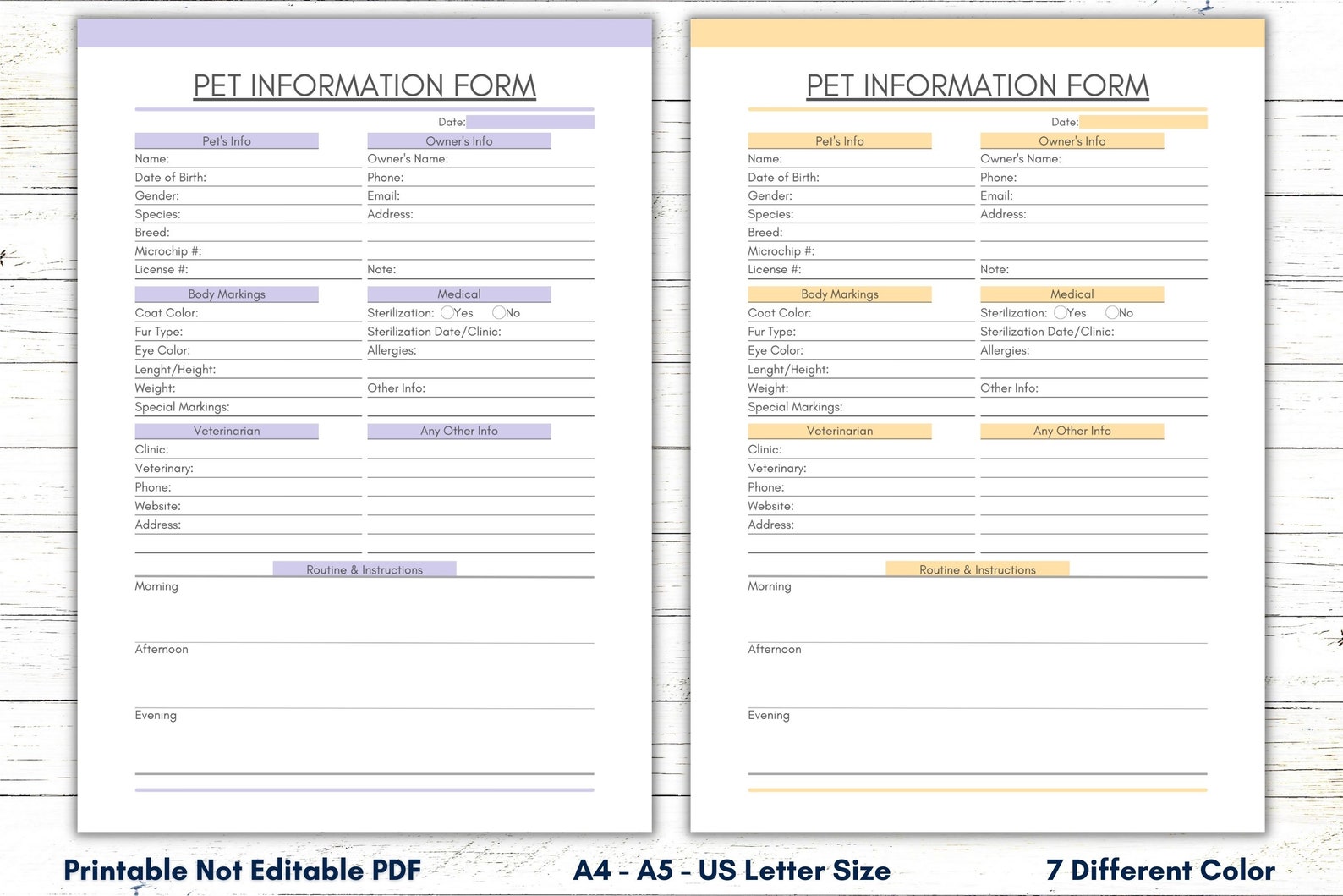 Printable Pet Information Form, PDF Pet Veterinary Visit Tracker, PDF ...