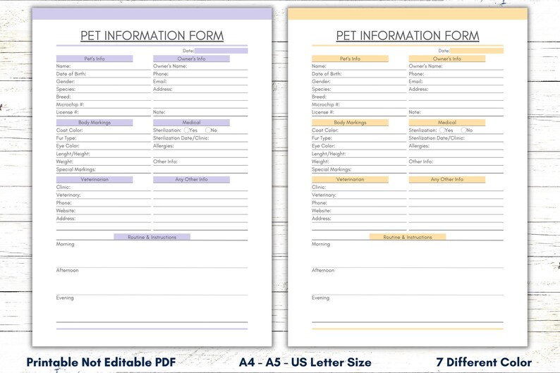 Printable Pet Information Form, PDF Pet Veterinary Visit Tracker, PDF ...