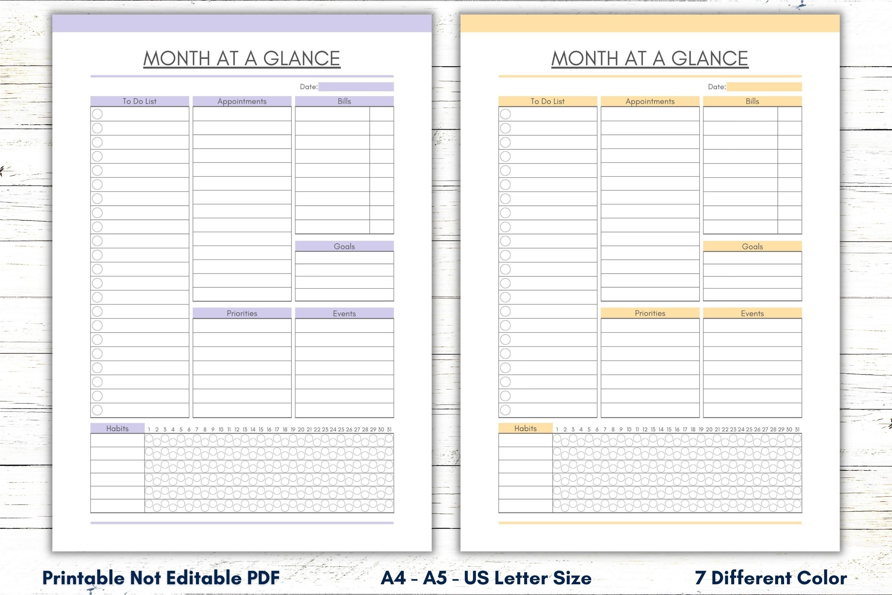 Printable One Line A Day and Month at A Glance Template, PDF Monthly ...