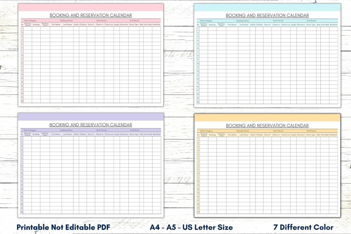 Printable Booking & Reservation Calendar, Printable Booking Template ...
