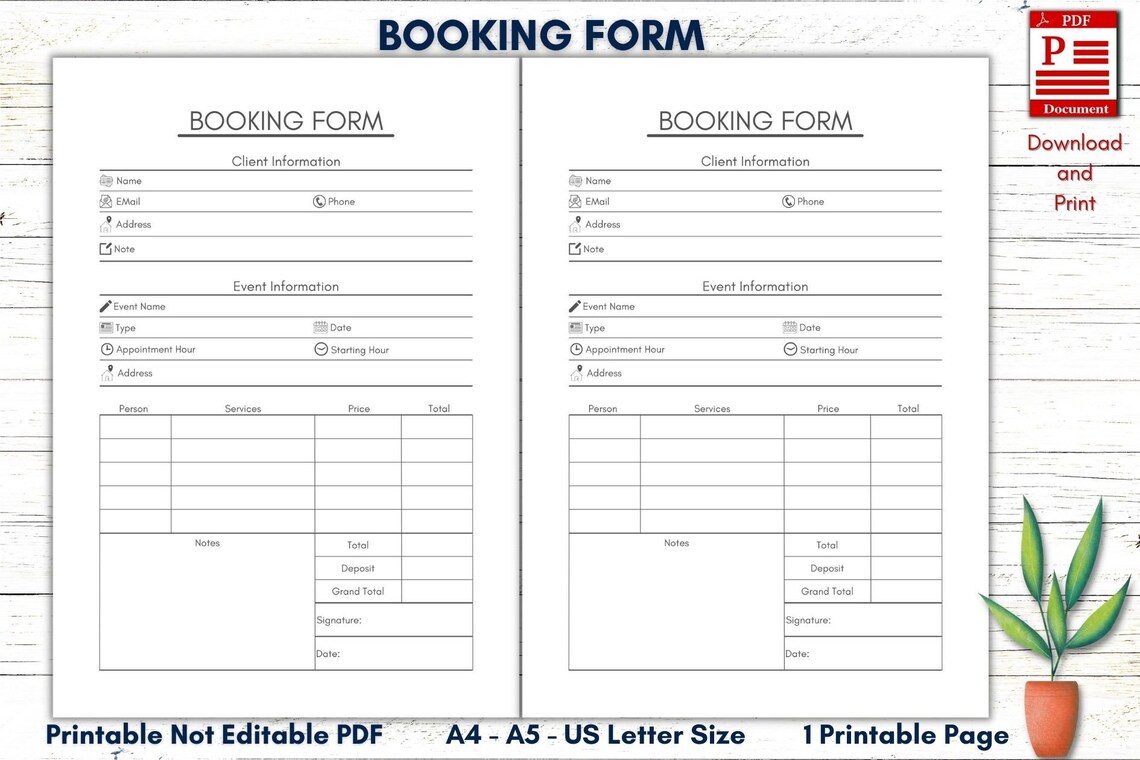 Printable Booking Form, Printable Service Form, Printable Client Form ...