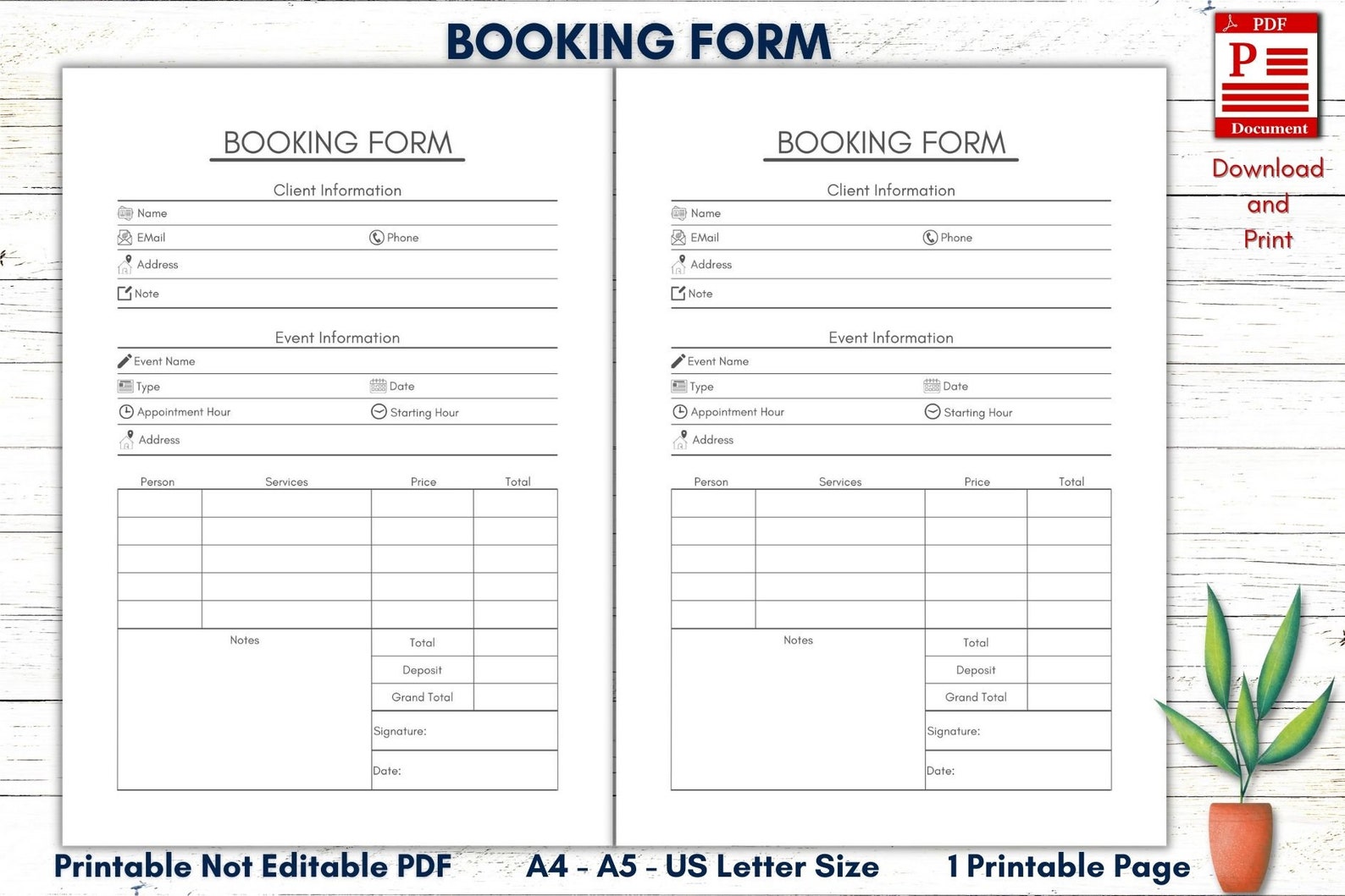 Printable Booking Form, Printable Service Form, Printable Client Form ...