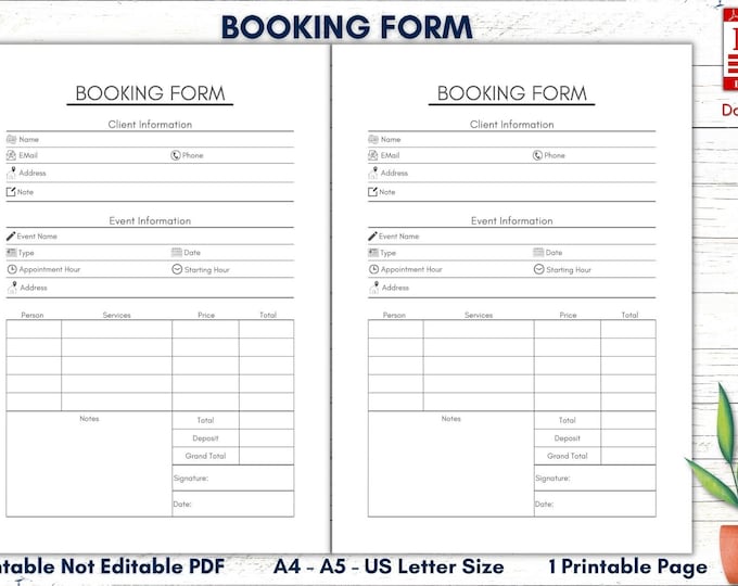Printable Booking Form Printable Service Form Printable - Etsy UK