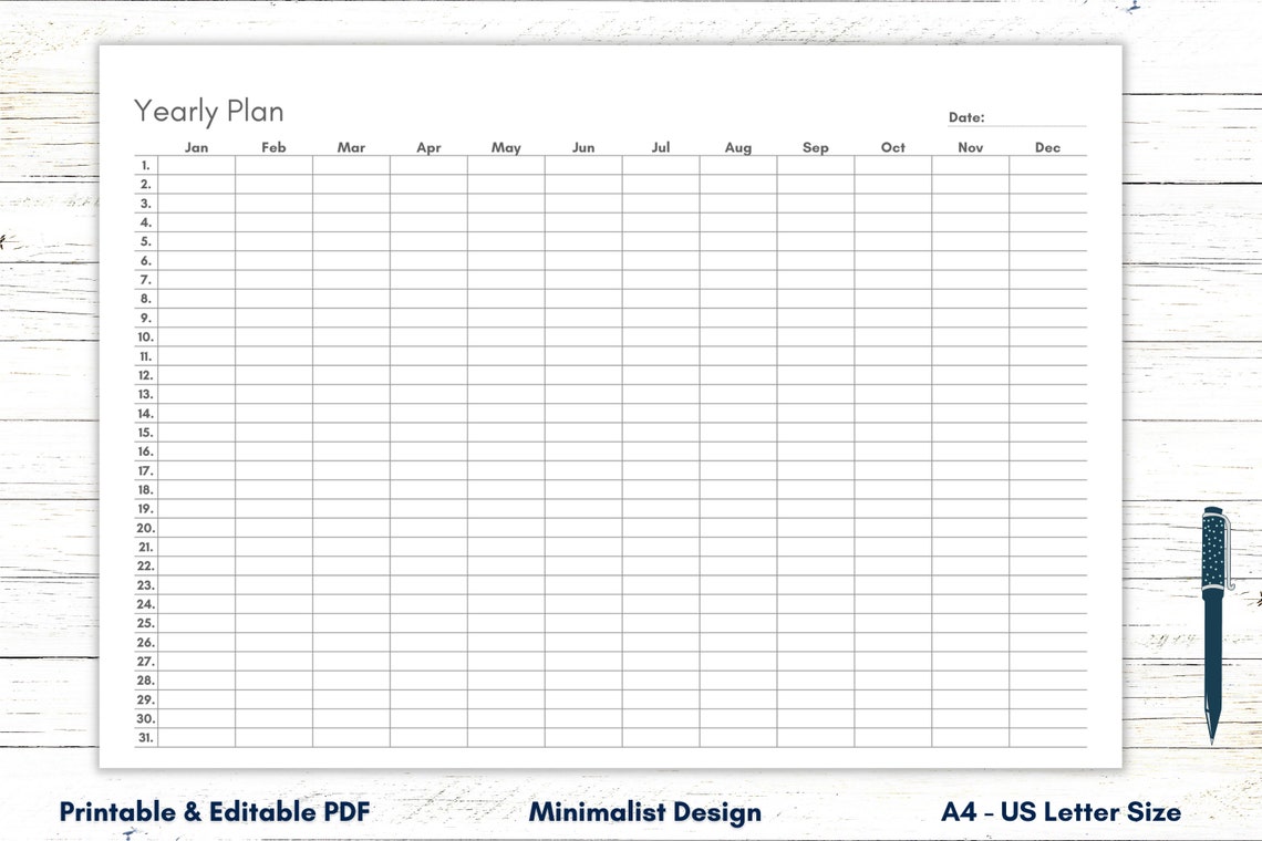 Yearly Planner Printable Editable Yearly Planner Calendar Monthly ...