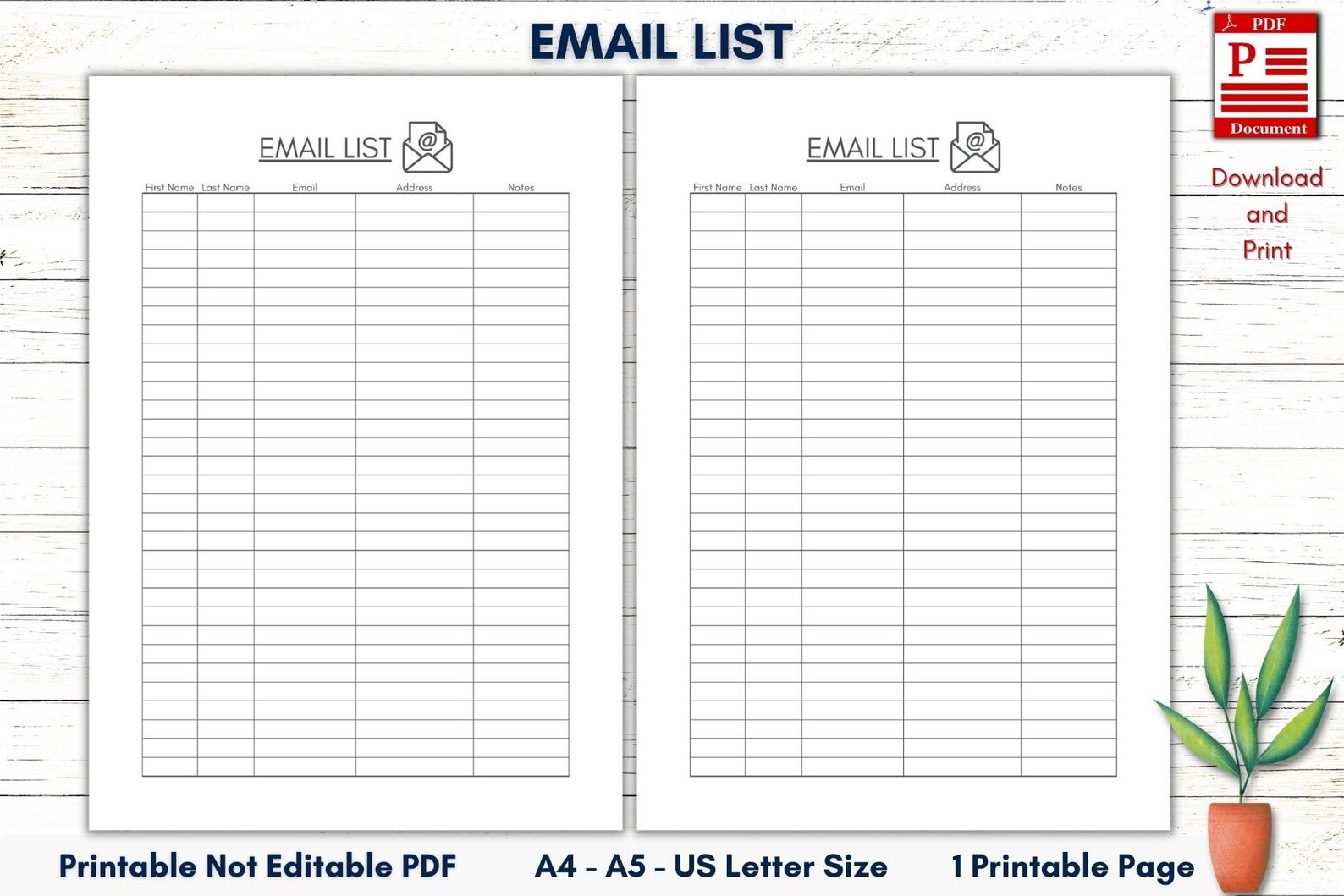 Printable Email List Template Printable Email List Sheet | Etsy