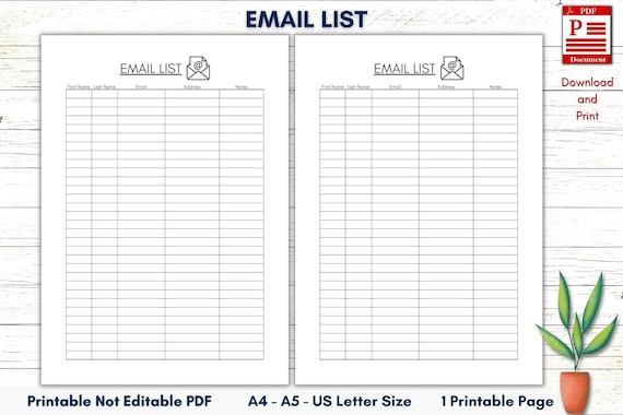 Printable Email List Template Printable Email List Sheet | Etsy