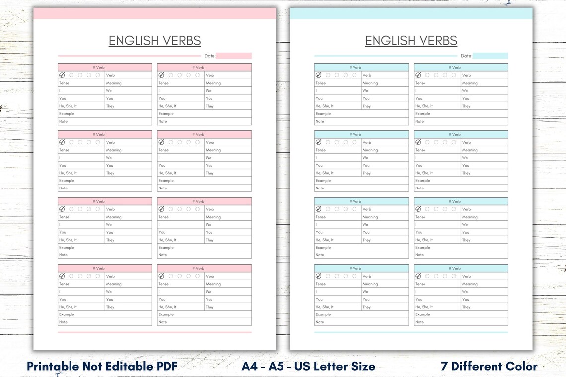 Printable English Verbs Practice Sheet, English Study Planner Template ...