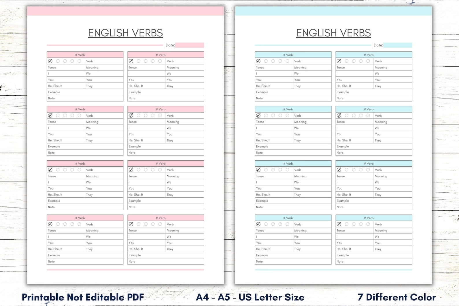 Printable English Verbs Practice Sheet, English Study Planner Template ...