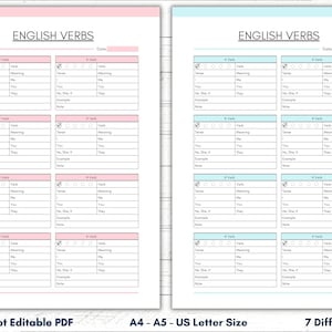 Printable English Verbs Practice Sheet, English Study Planner Template ...