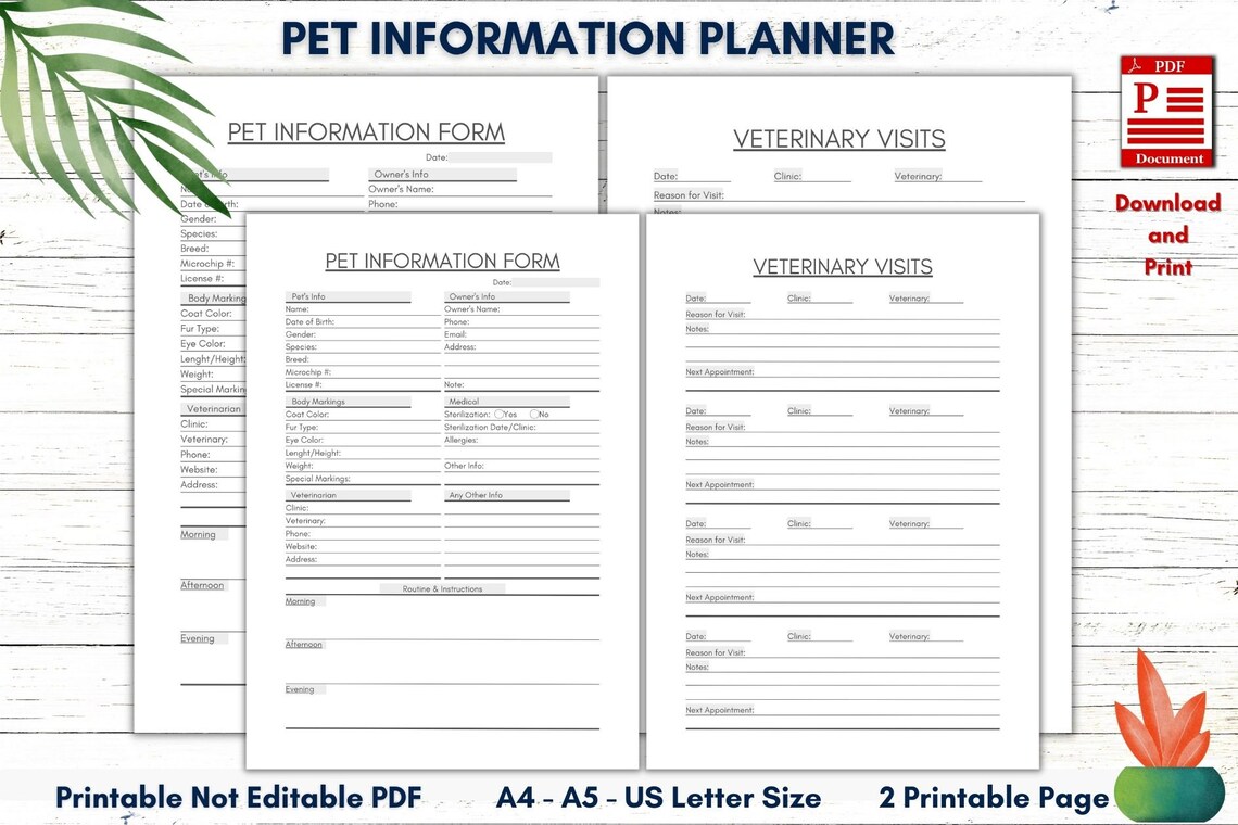 Printable Pet Information Form PDF Pet Veterinary Visit | Etsy