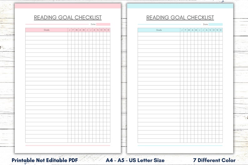 Reading Goals Checklist Printable Template, Reading Goal Journal ...