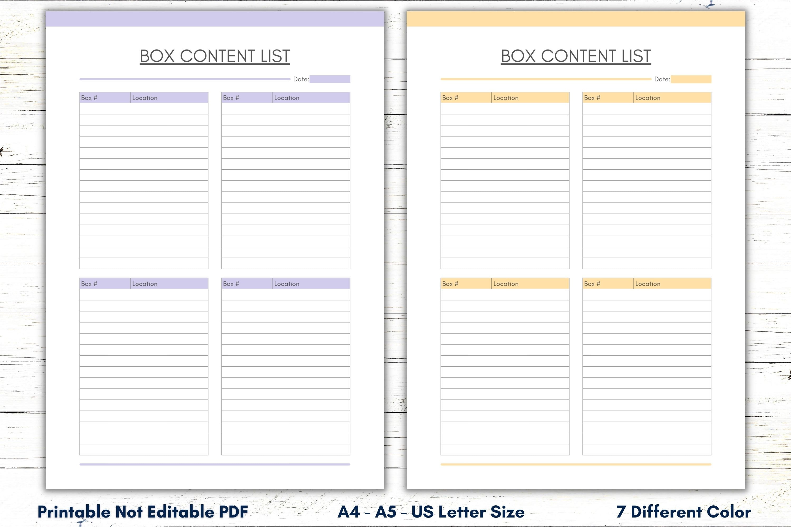 Box Content List Template Printable, Moving Process Plan, Moving ...
