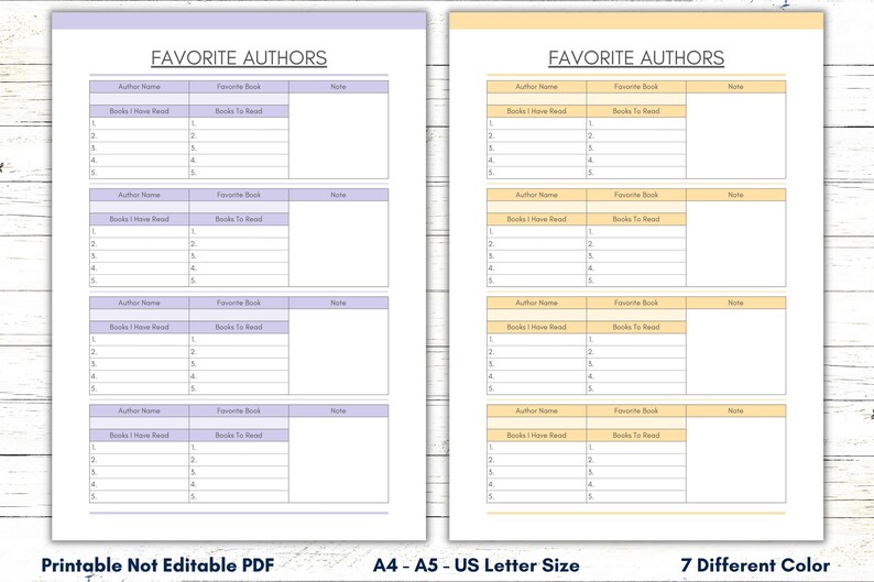 Favorite Authors List Template Printable, Favorite Book Authors Planner ...