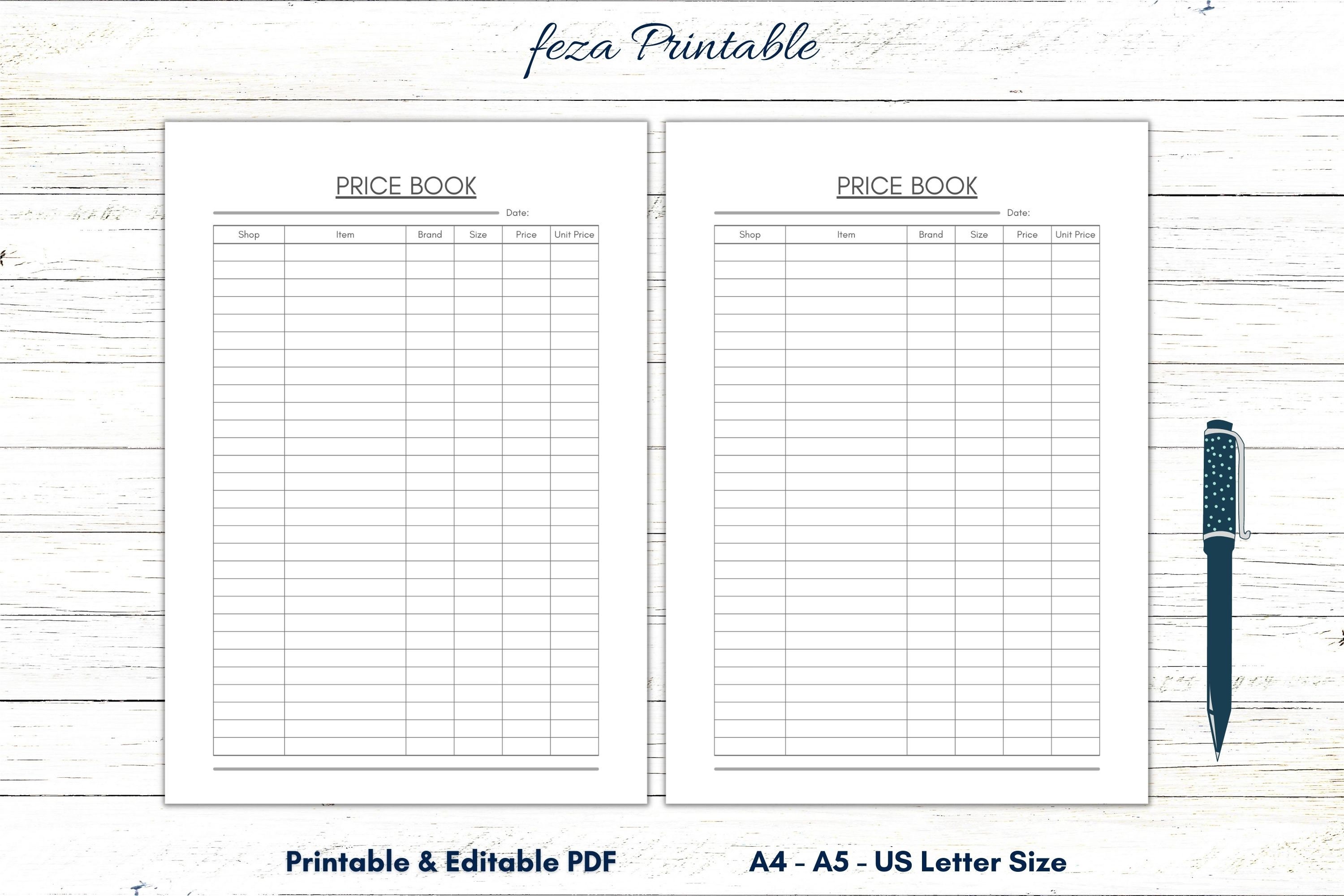 Price Book Template Printable, Price List Editable Fillable, Price ...