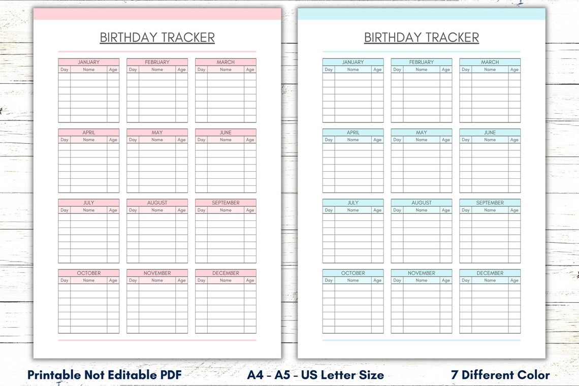 Printable Birthday Tracker, Birthday List Template, Birthday Planner ...