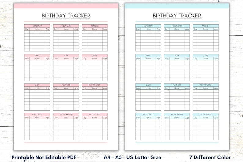 Printable Birthday Tracker, Birthday List Template, Birthday Planner ...