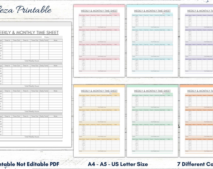 Printable Time Sheet Weekly and Monthly Time Sheet Employee - Etsy