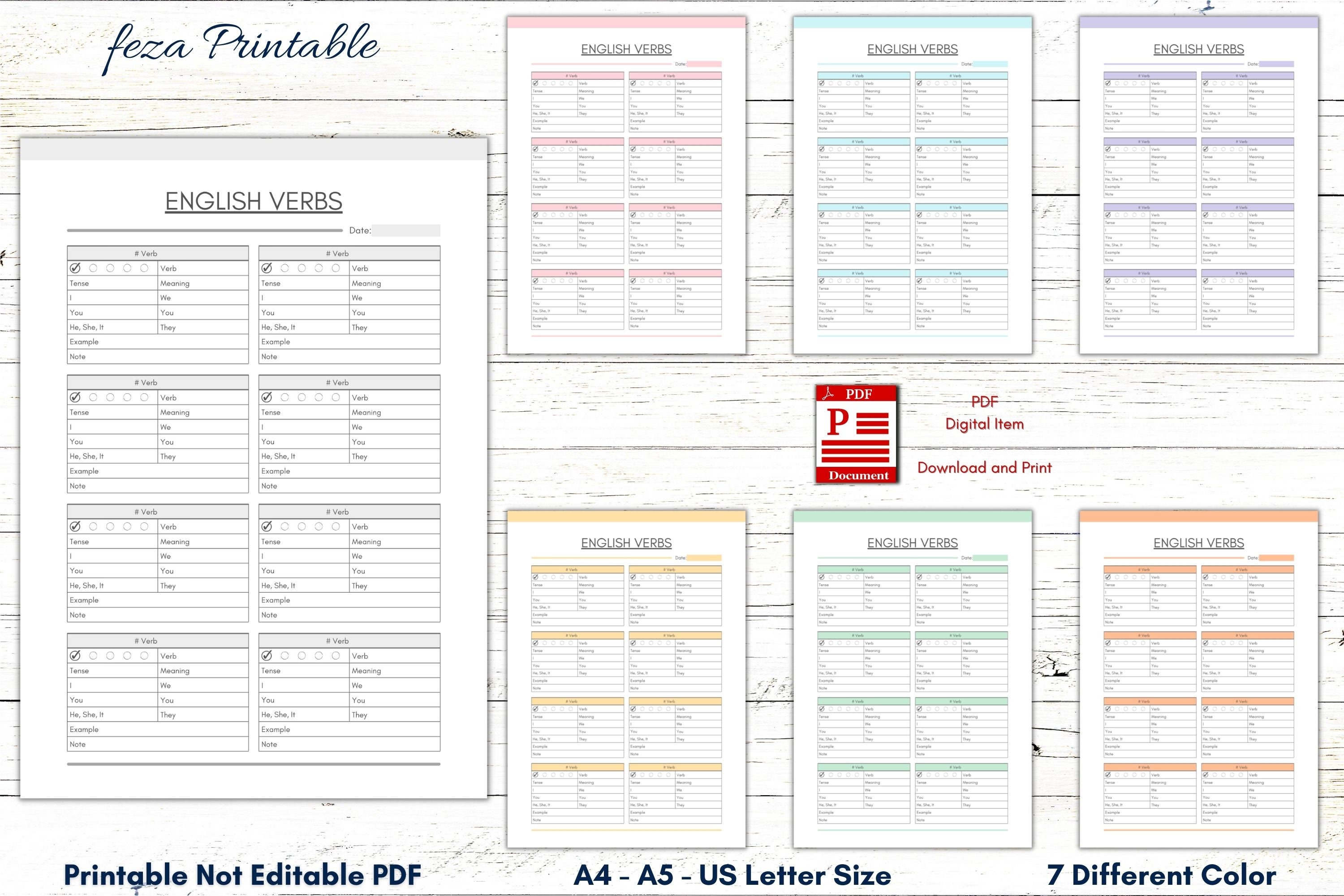Printable English Verbs Practice Sheet, English Study Planner Template ...