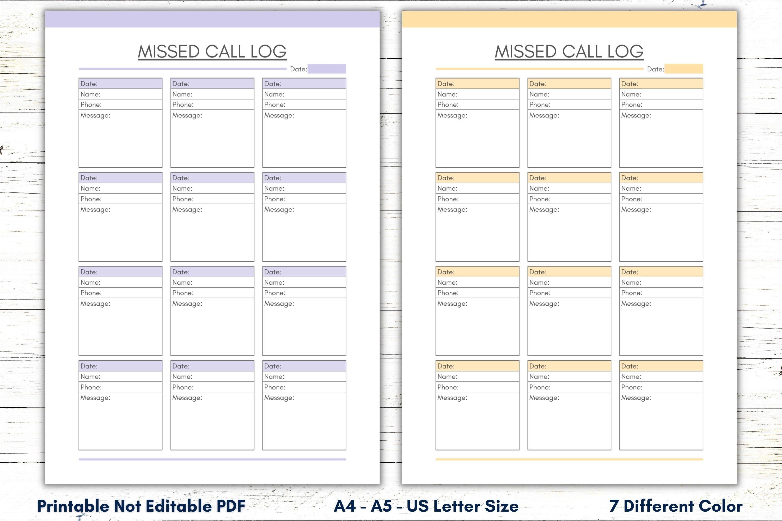 Printable Missed Call Log Template, A4 A5 US Letter (PDF) - Etsy